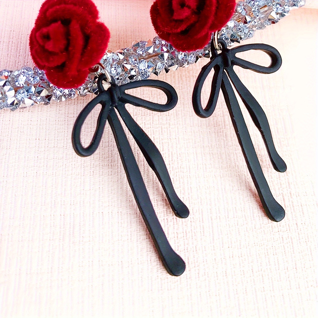 Red Flocking Rose Black Hollow Bow Dangle Earrings Elegant - Temu ...