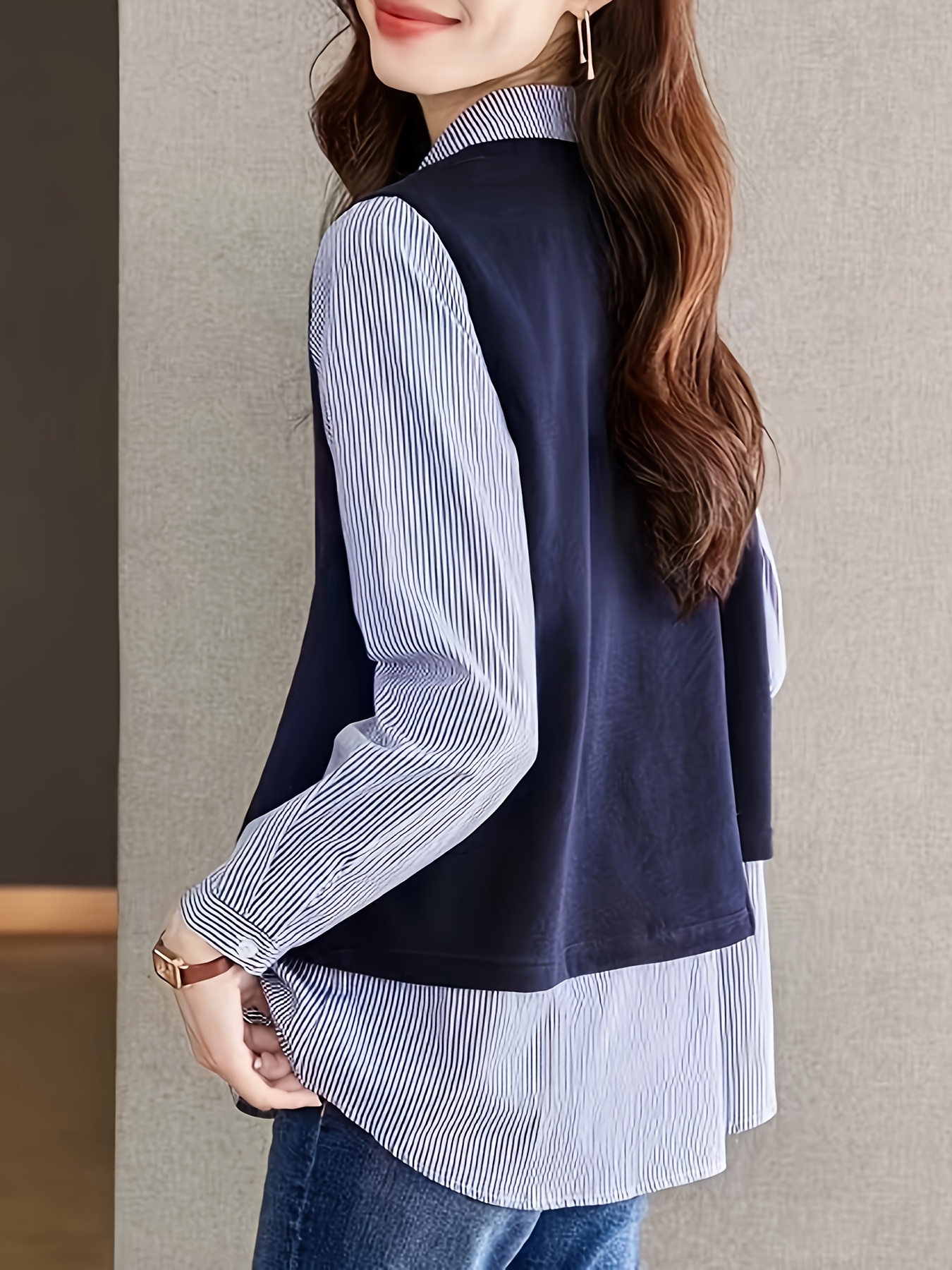 Striped Print Color Block Splicing Blouse Versatile Button Temu