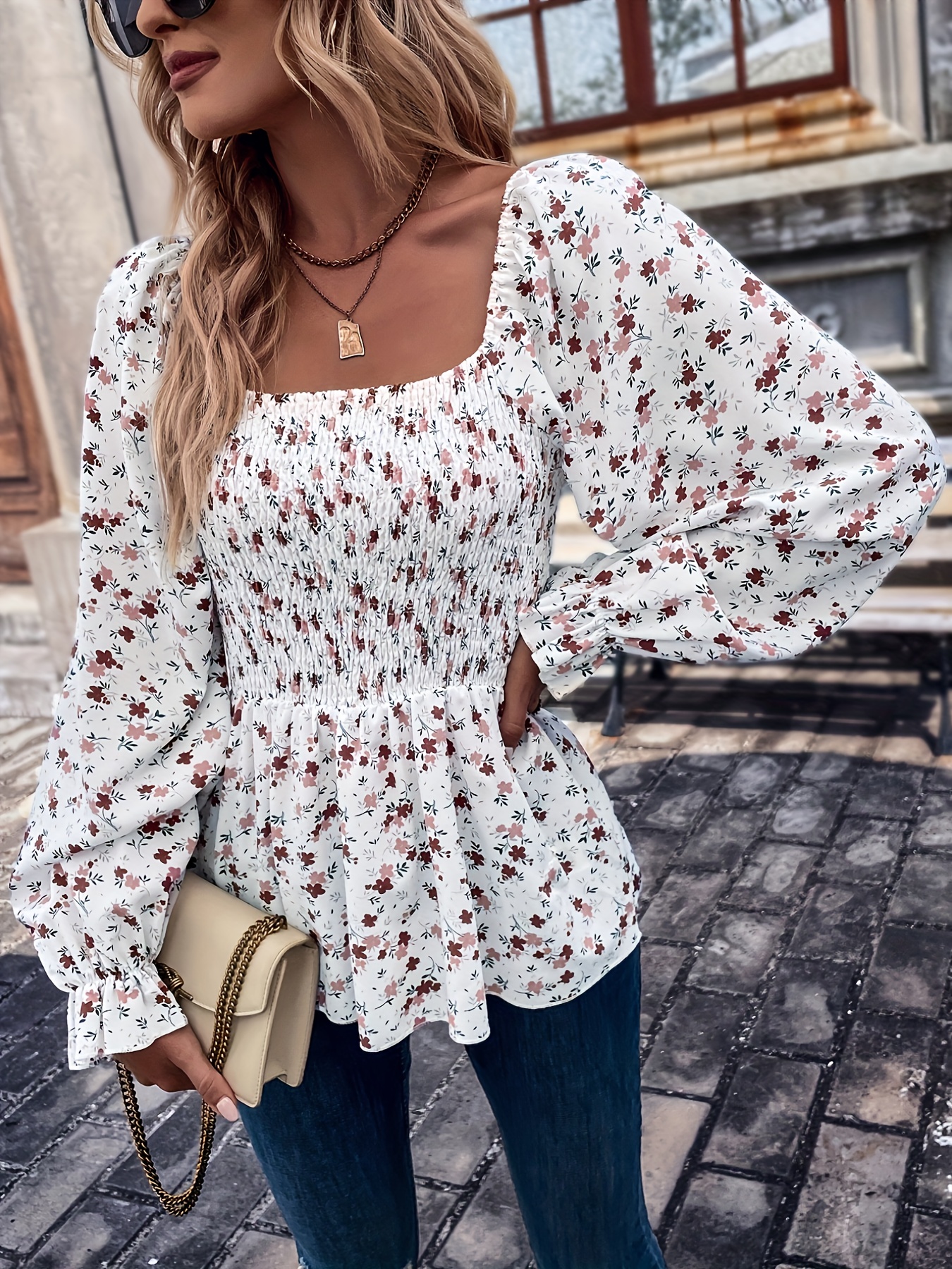 floral print shirred blouse vacation long sleeve ruffle hem - Temu ...