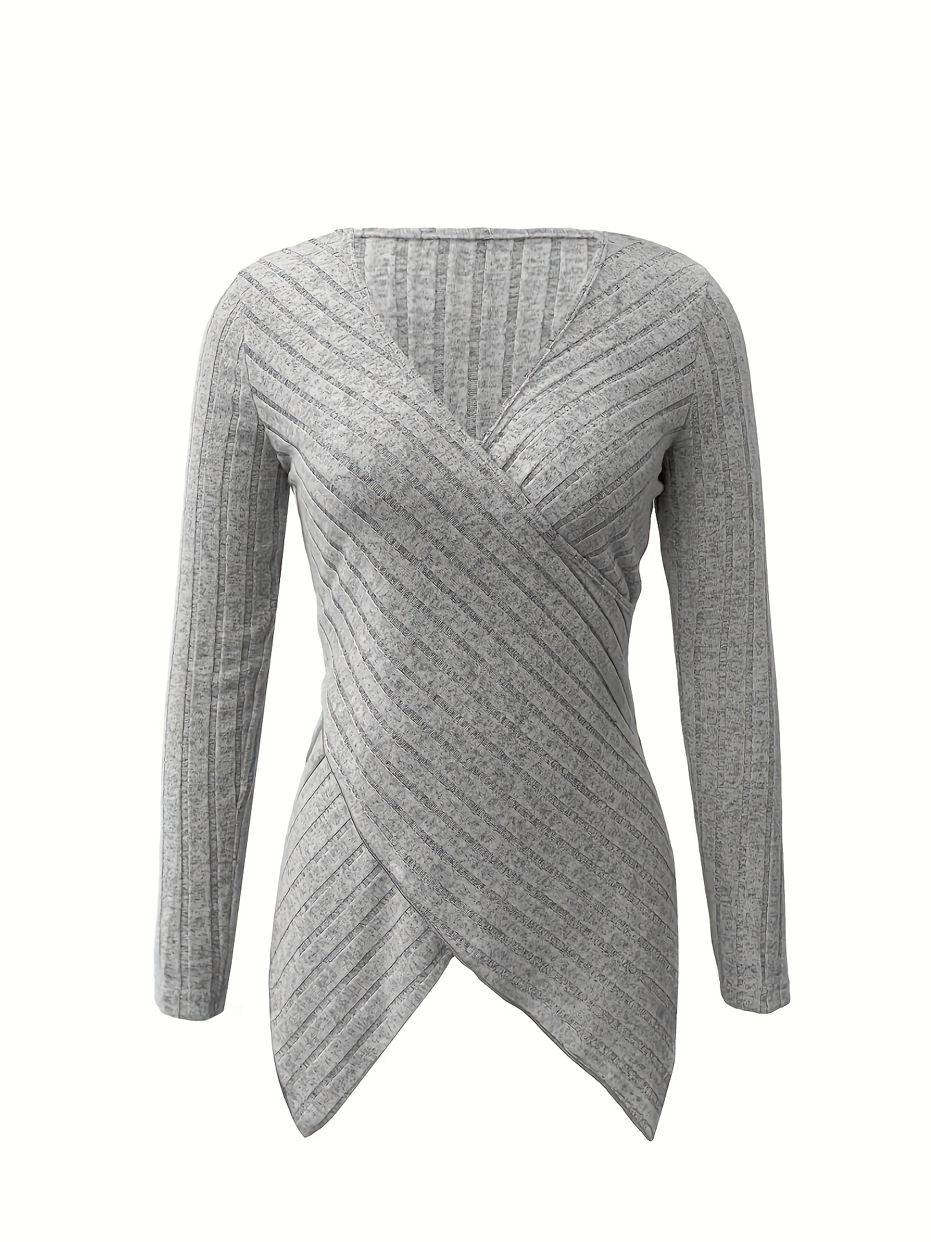 Solid Ribbed Surplice Neck T shirt Casual Long Sleeve Top - Temu United