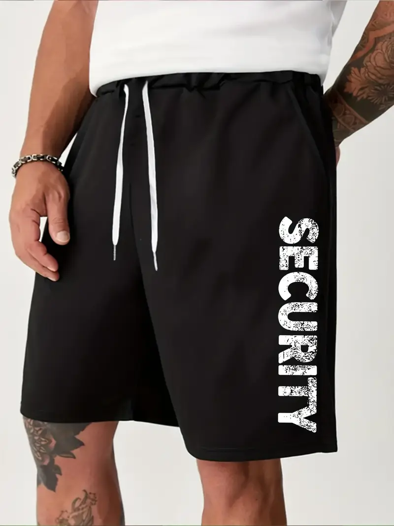Men S Comfy Shorts Security Print Summer Drawstring Casual Temu New