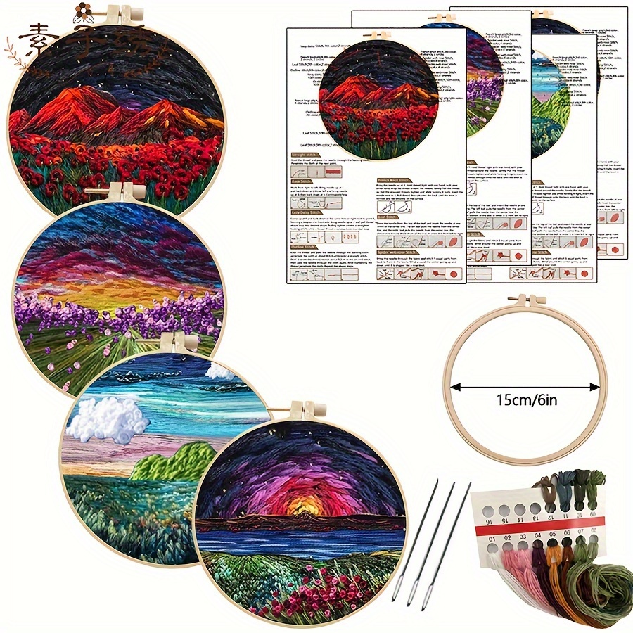 Diy カラー風景刺繍キット 1 セット スターター刺繍練習セット 丸い刺繍枠付き 手作り自己刺繍材料とツール Temu Japan