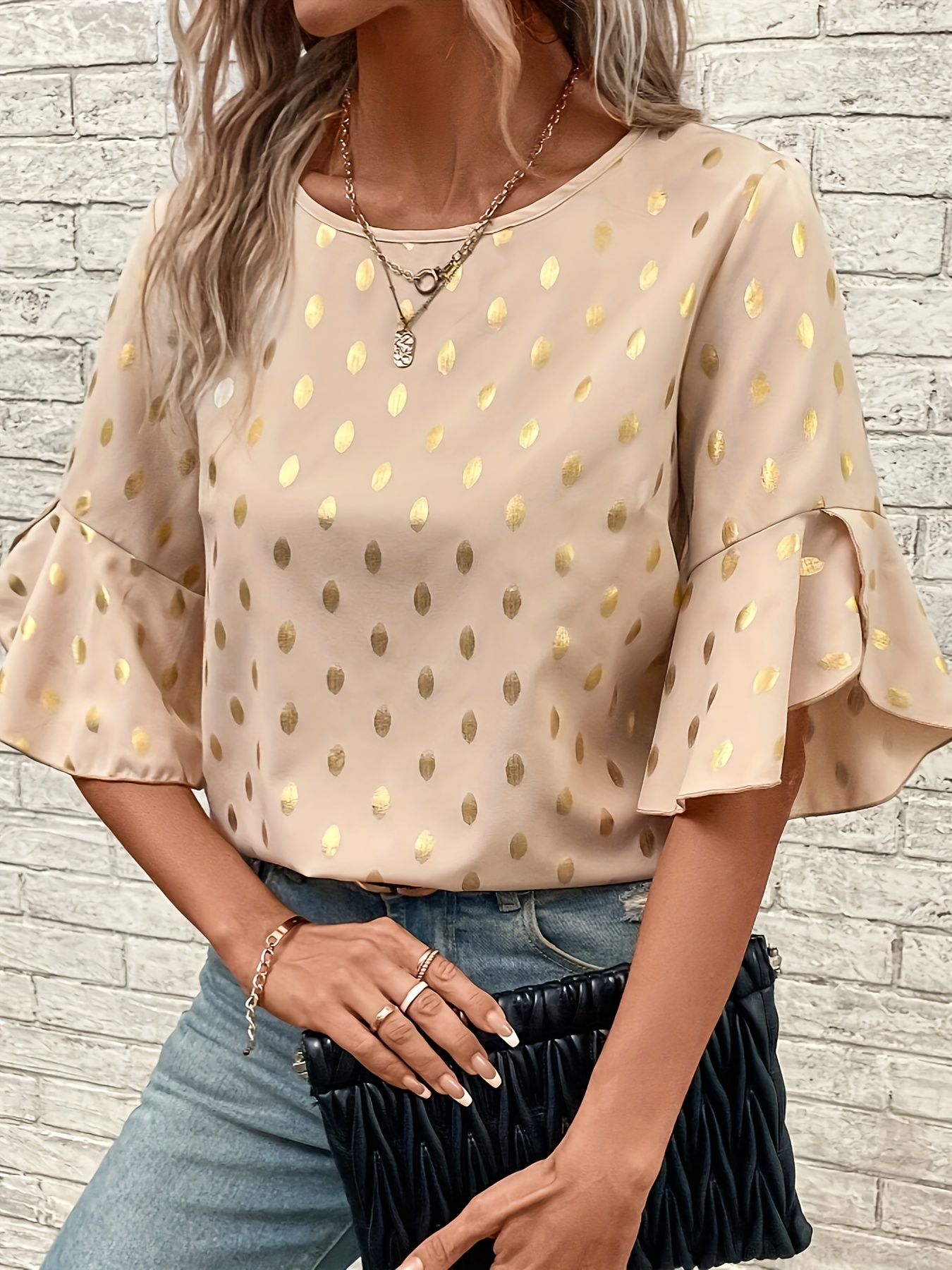 Polka Dot Print Crew Neck Blouse Elegant Ruffle Sleeve Temu Australia