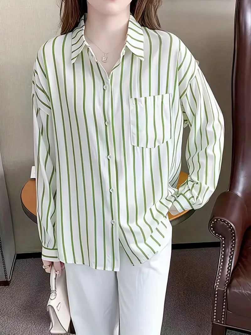 Striped Drop Shoulder Button Front Shirt Casual Long Sleeve Regionname