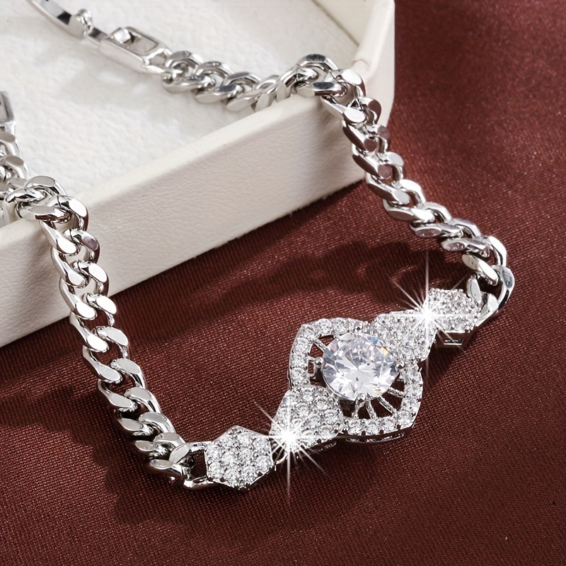 Geometric Design Copper Cuban Chain Bracelet Iced Out Shiny Cz Elegant ...