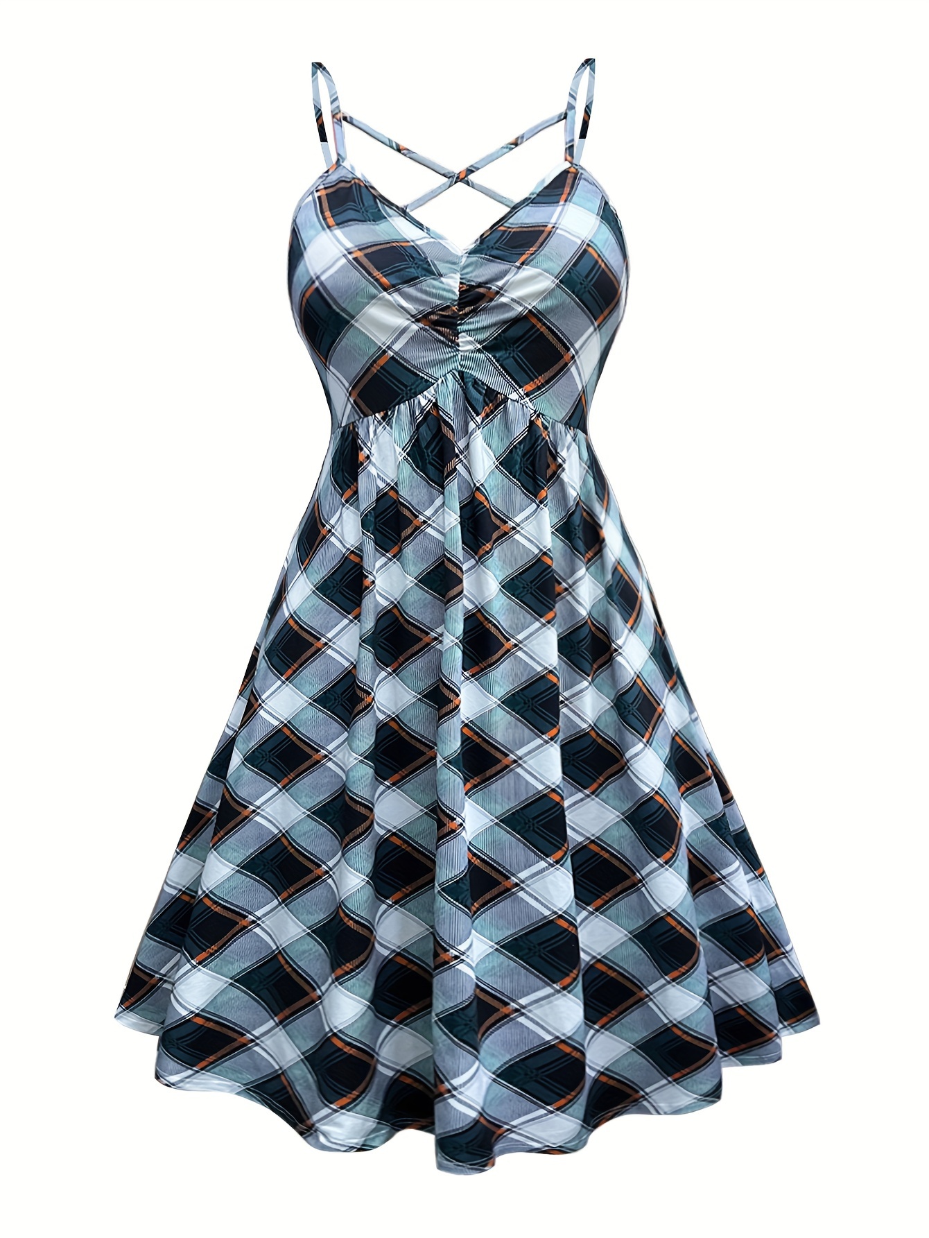 Plus Size Colorblock Plaid Print Cami Dress Casual Cross - Temu South ...