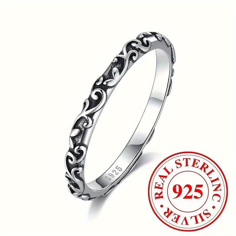 925 Sterling Silver Band Ring Retro Flower Carving Surface - Temu ...