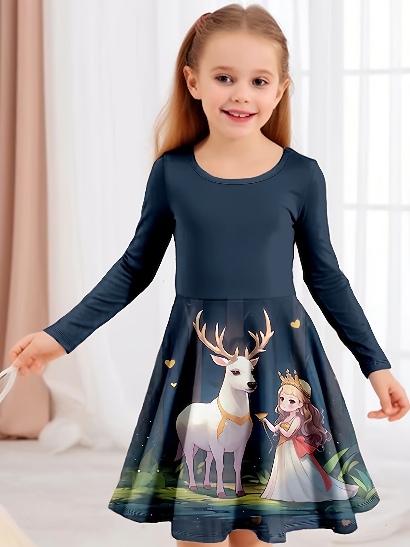 Girls Elegant Princess Deer Graphic Crew Neck Long Sleeve - Temu Australia