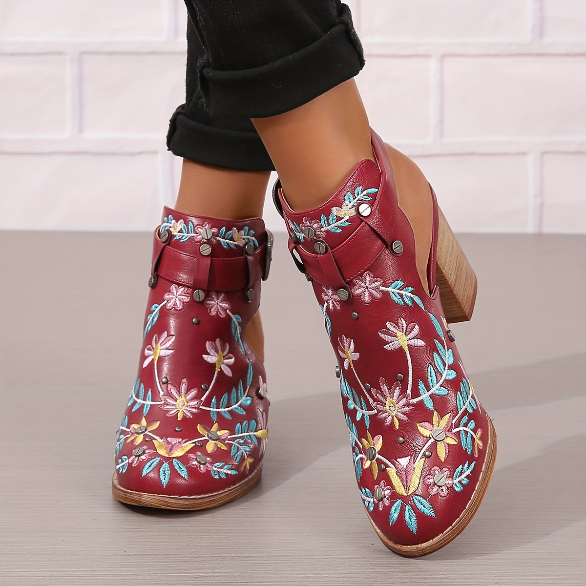 Women's Retro Floral Embroidered Ankle Boots Closed Toe - Temu