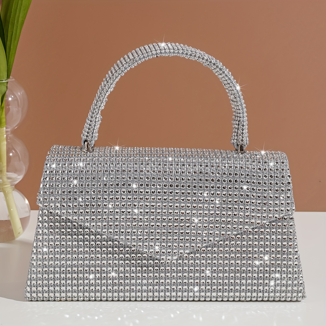 Shiny Full Rhinestone Evening Bag Solid Color Square Flap - Temu Canada
