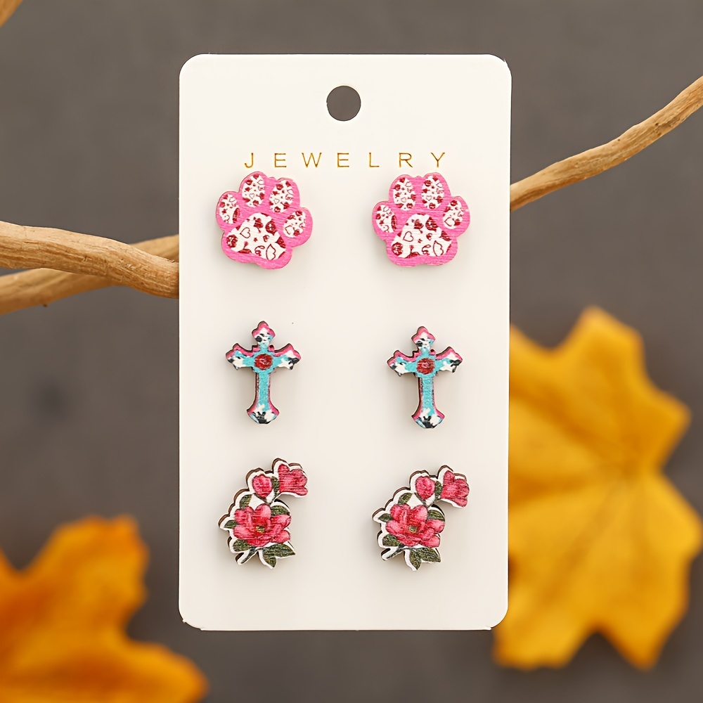 Cute Party Stud Earrings Set Small Cat Claw Cross Rose - Temu United ...