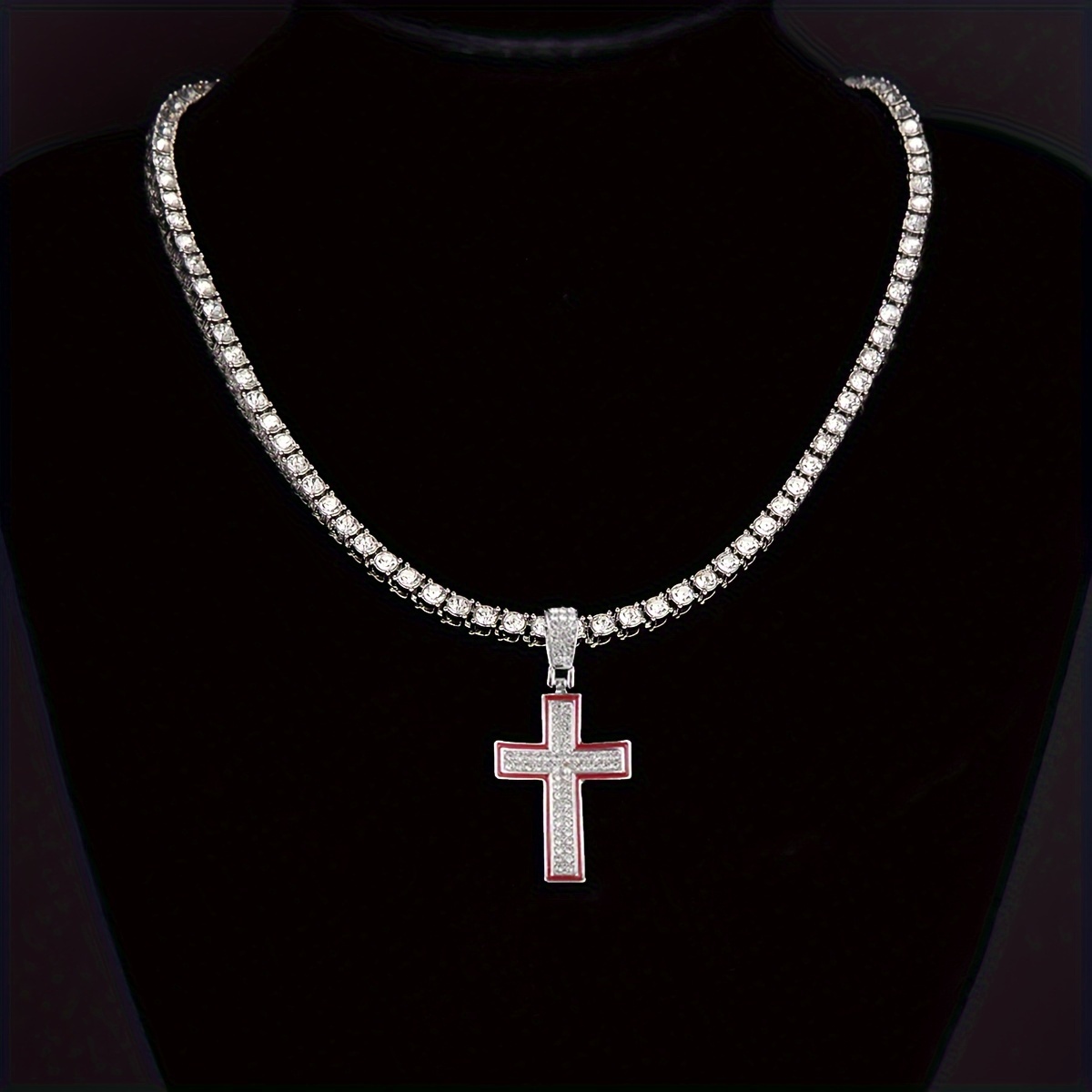 Double row Rhinestone Cross Pendant Necklace Alloy Cuban - Temu United ...