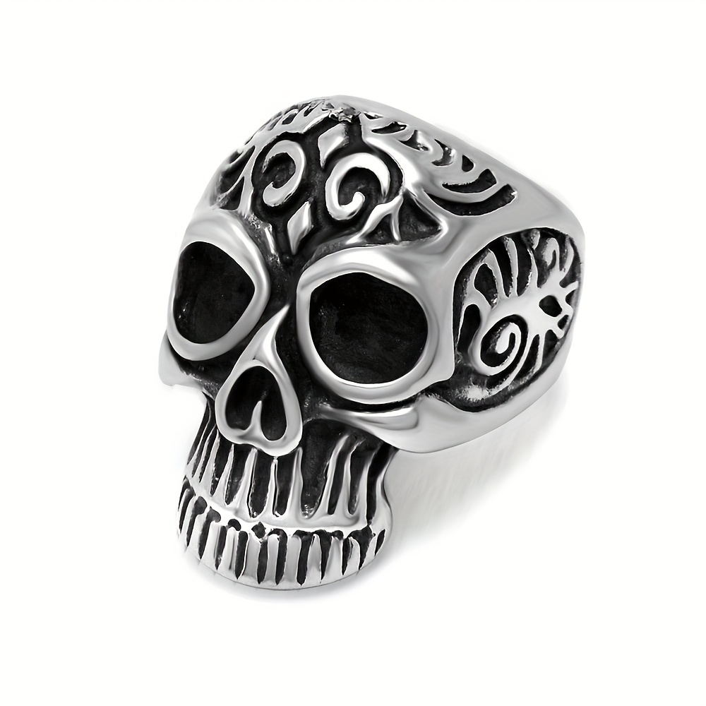 Retro Trendy Embossed Flower Skull Head Ring Fashionable - Temu United ...