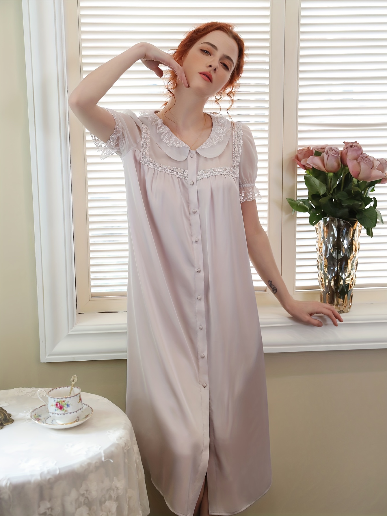 Retro Solid Contrast Mesh Lounge Dresses Lace Trim Puff - Temu