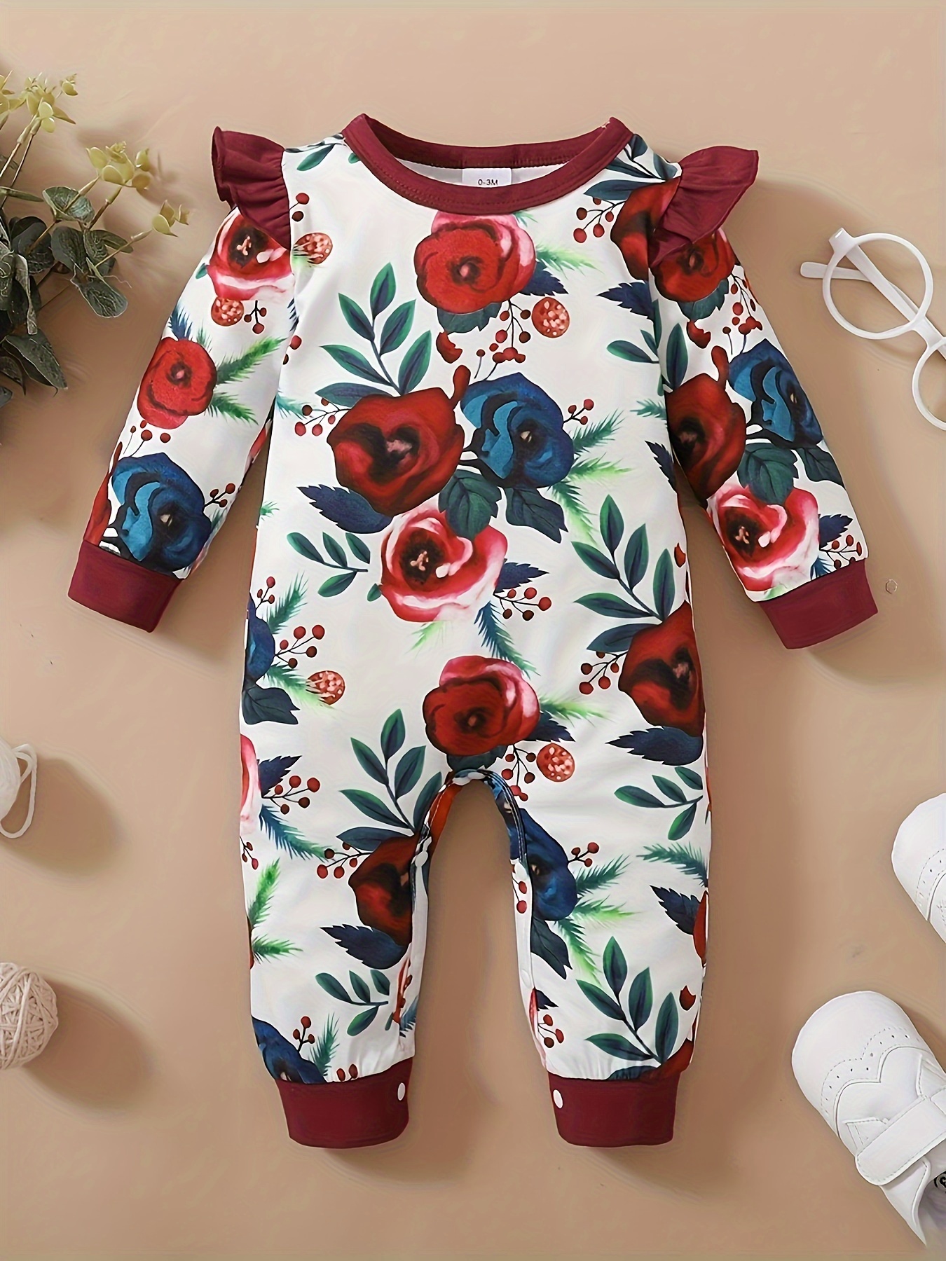 Newborn Cute Baby Girl Floral Print Long Sleeved Jumpsuit - Temu Australia