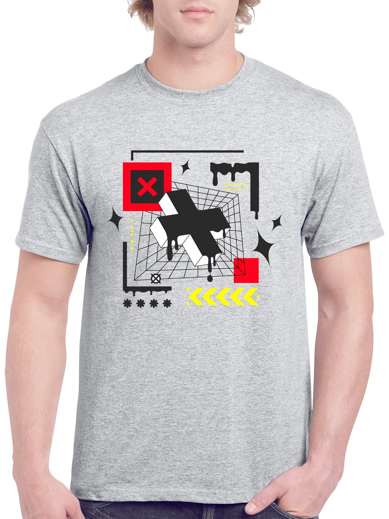 Men's Creative Geometric Pattern Print Casual Round Neck Short Sleeve T ...