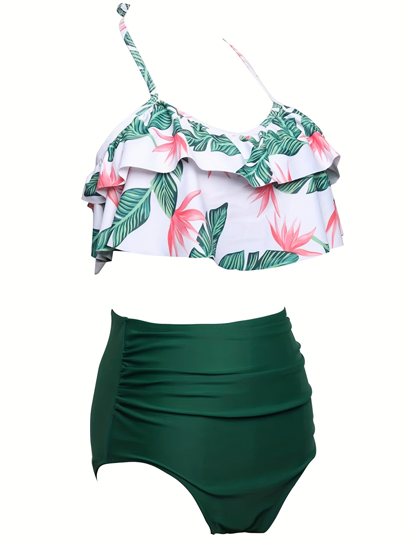 Tropical Leaf Print Ruffle Tiered Layer Swimsuit, Halter Ruched Tummy ...