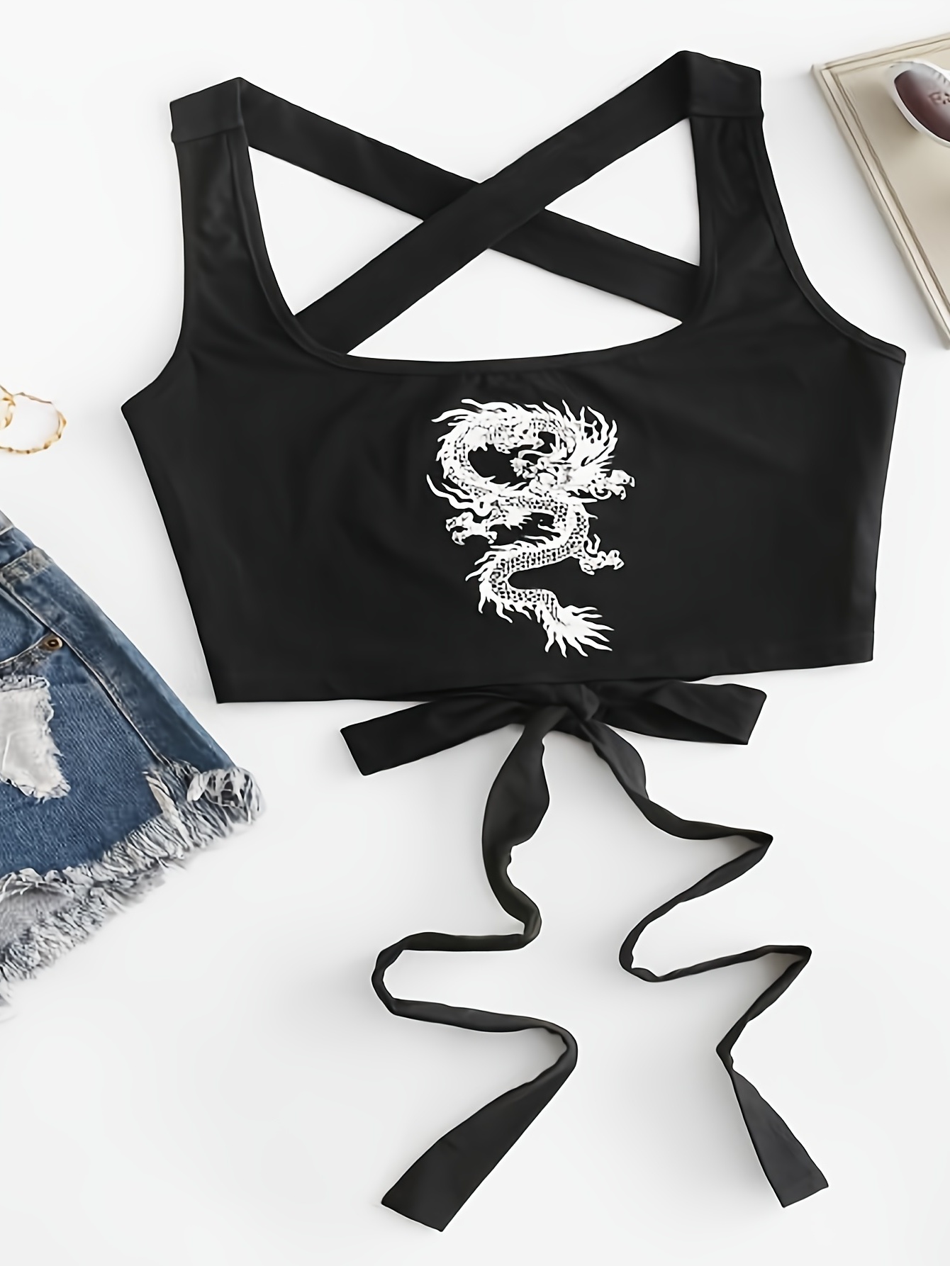 Sexy Cross Dragon Print Crop Cami Top Skinny Stretchy Cami - Temu Mexico