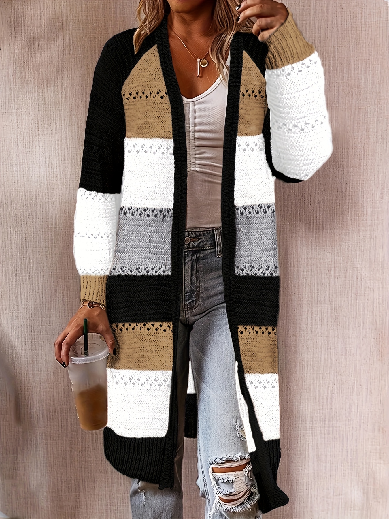 Color Block Knit Cardigan Casual Open Front Long Sleeve - Temu Australia