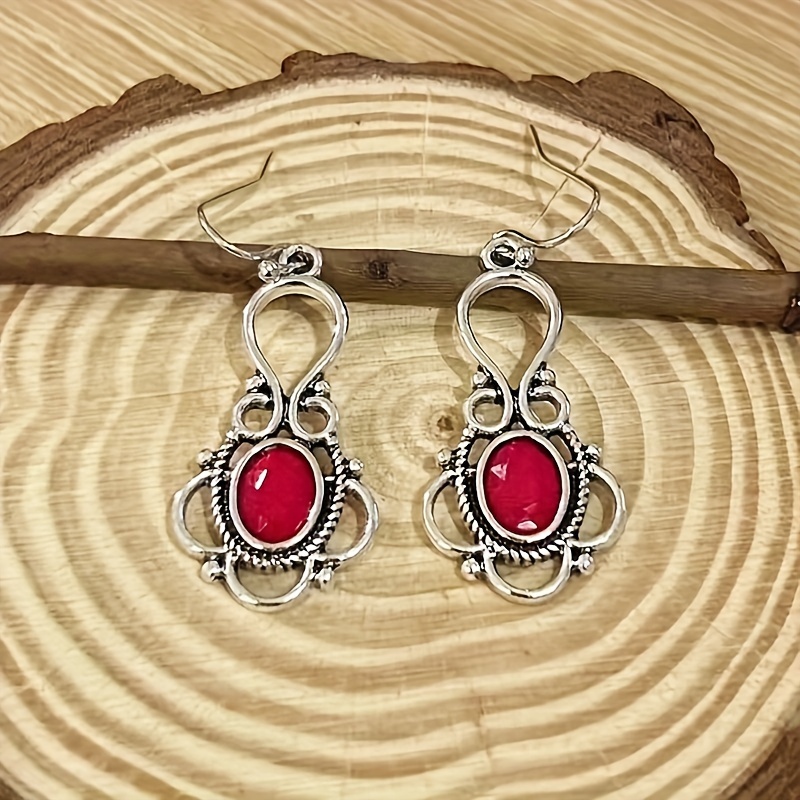 Vintage Carved Flower Shape Red Synthetic Gems Inlaid Dangle - Temu ...