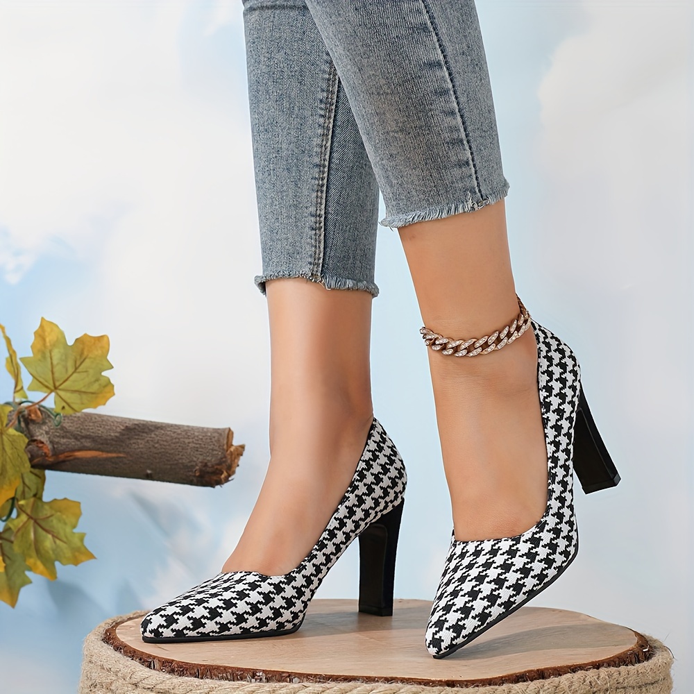 Women's Houndstooth Pattern Block Heels Elegant Point Toe - Temu United ...