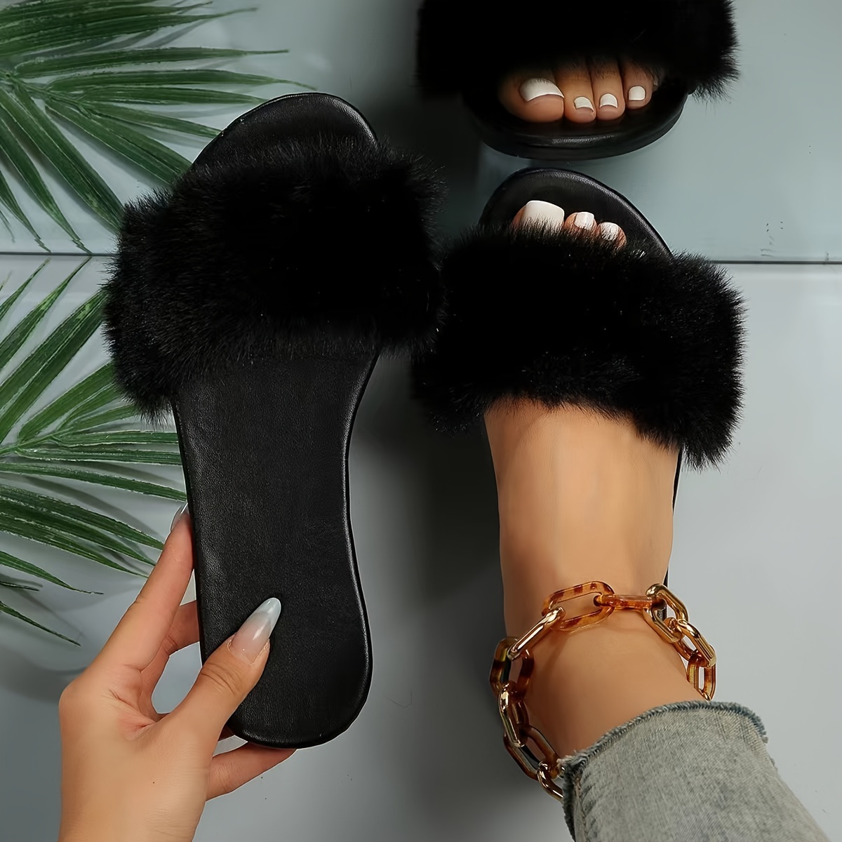 Women s Faux Fur Decor Slide Sandals Casual Open Toe Summer - Temu Canada