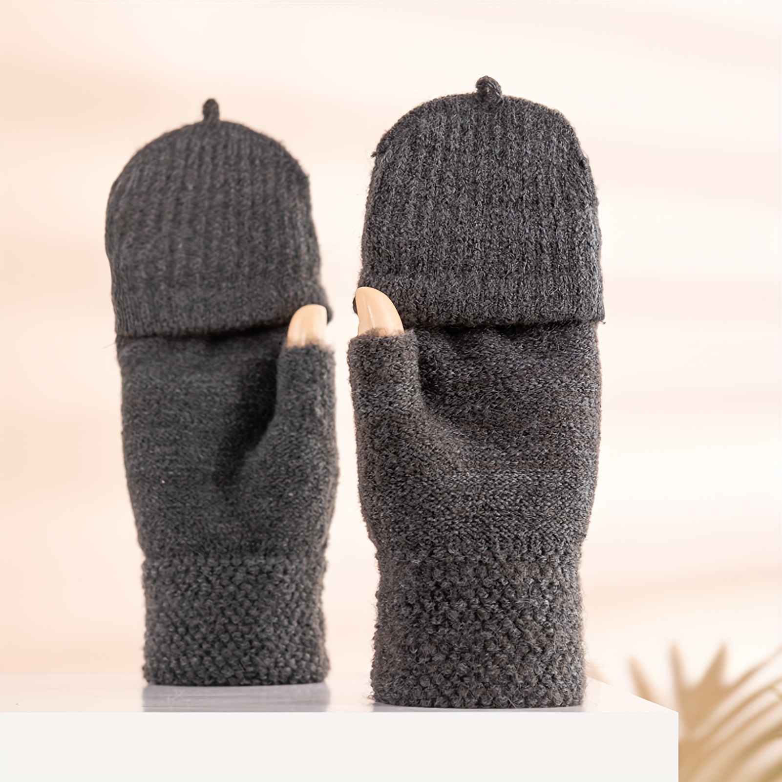 Casual Monochrome Knit Convertible Mittens Short Thick Warm - Temu Canada