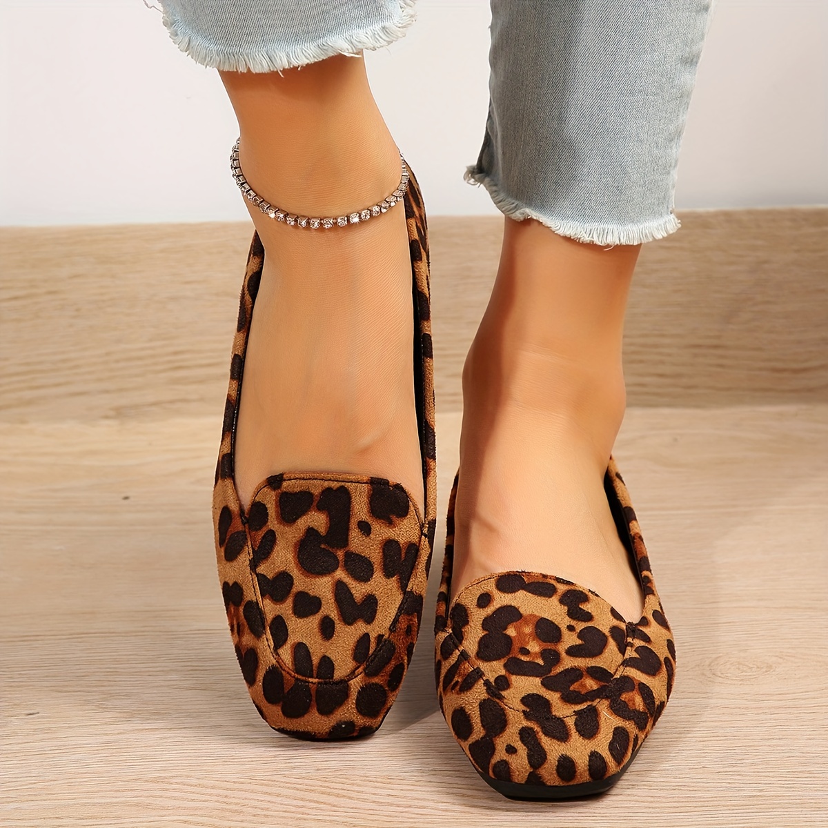 Leopard Print Flat Shoes Women s Casual Square Toe Slip - Temu Canada