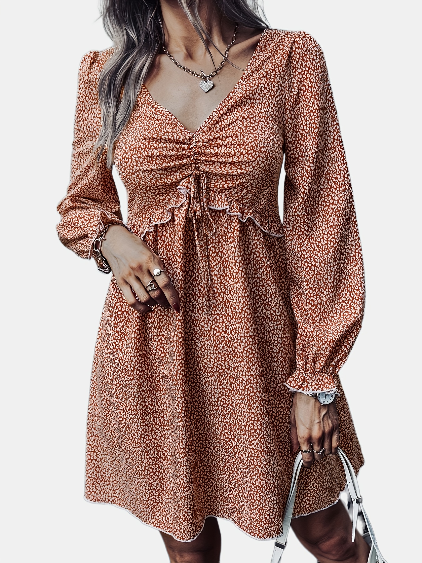 Ditsy Floral Print Dress Vacation V Neck Long Sleeve - Temu Canada