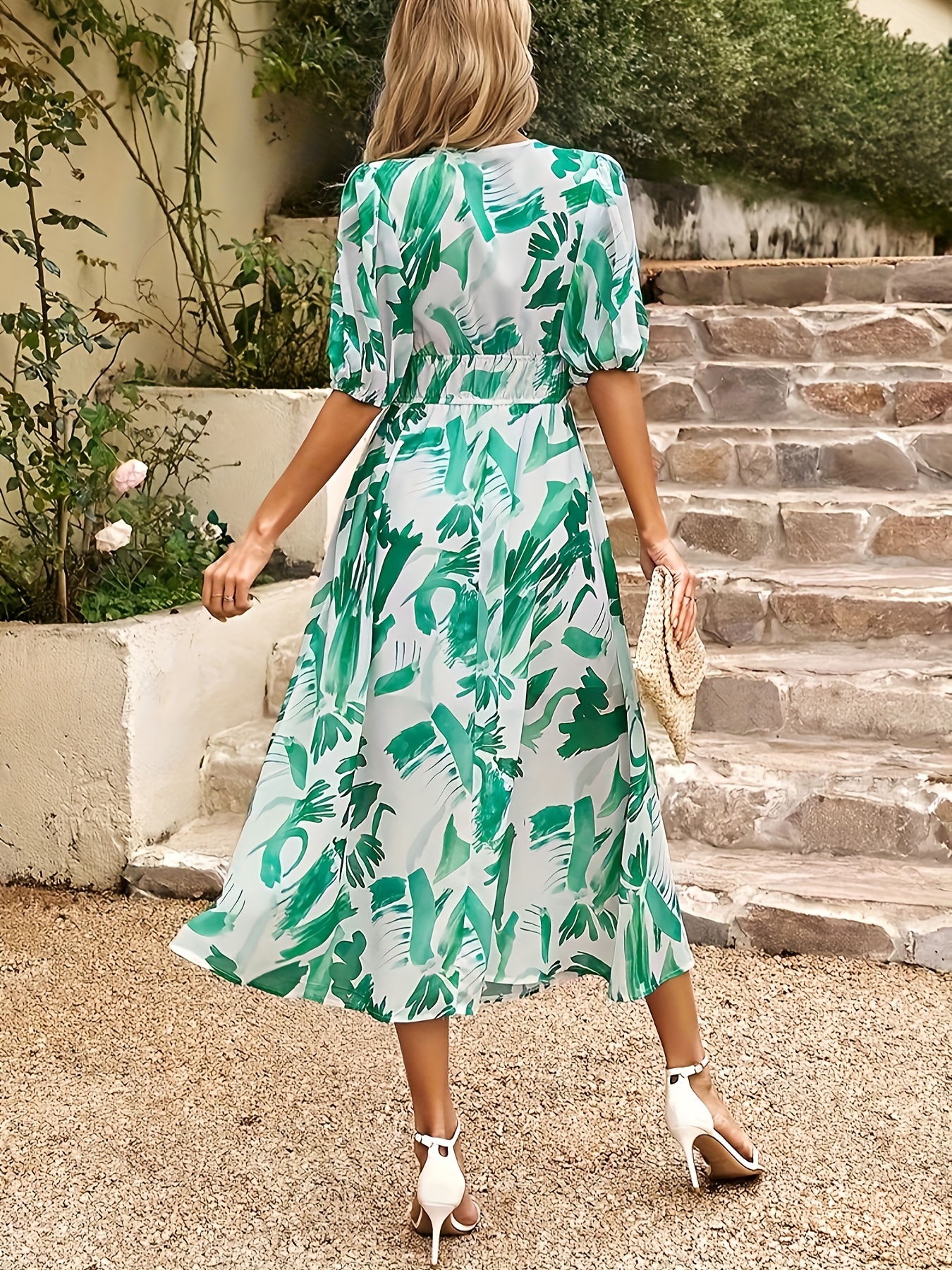 Allover Print V Neck Dress Elegant Short Sleeve Dress Spring - Temu Canada