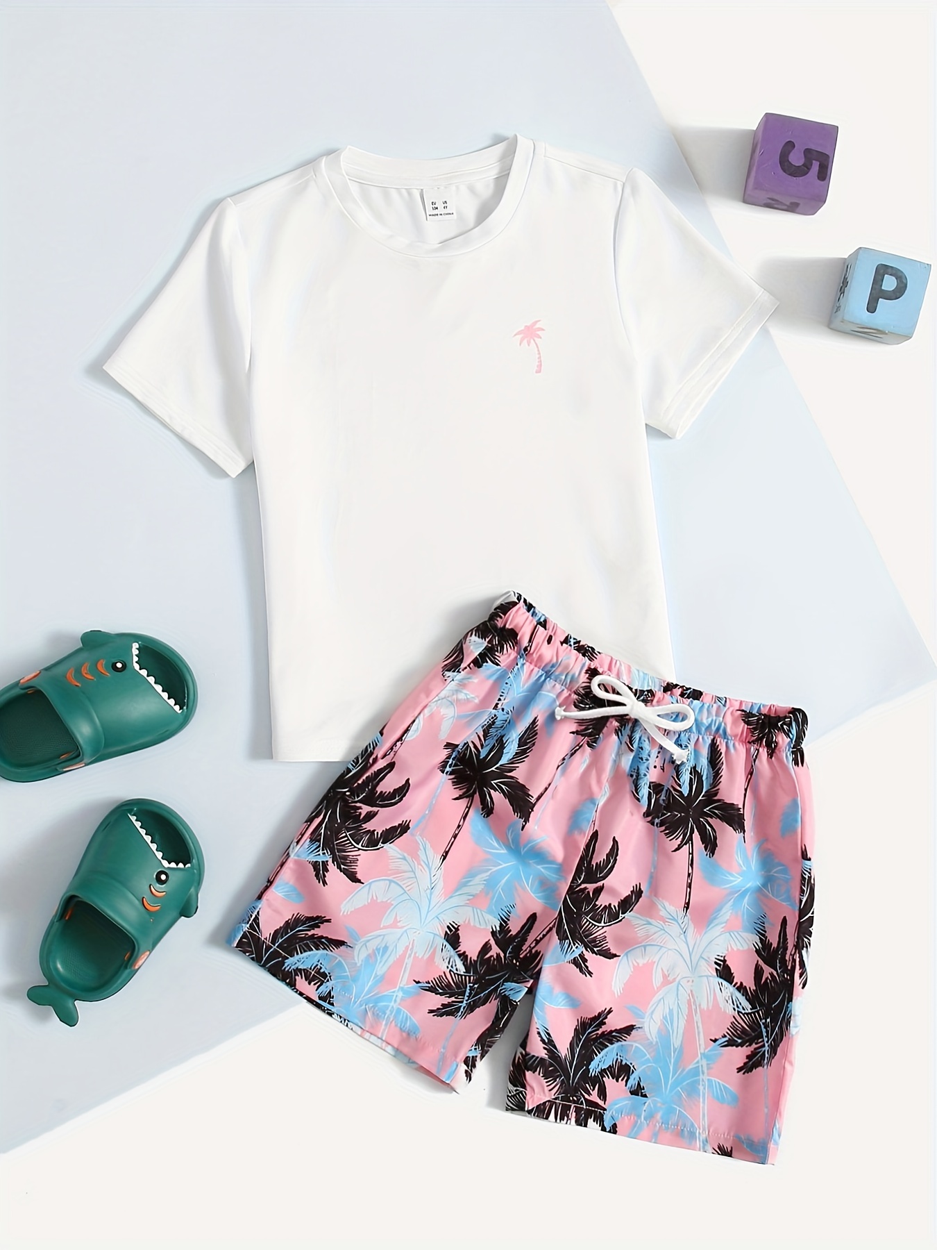 2 個男の子ココナッツの木プリント ネック T シャツ And ショーツ子供夏服セット Temu Japan