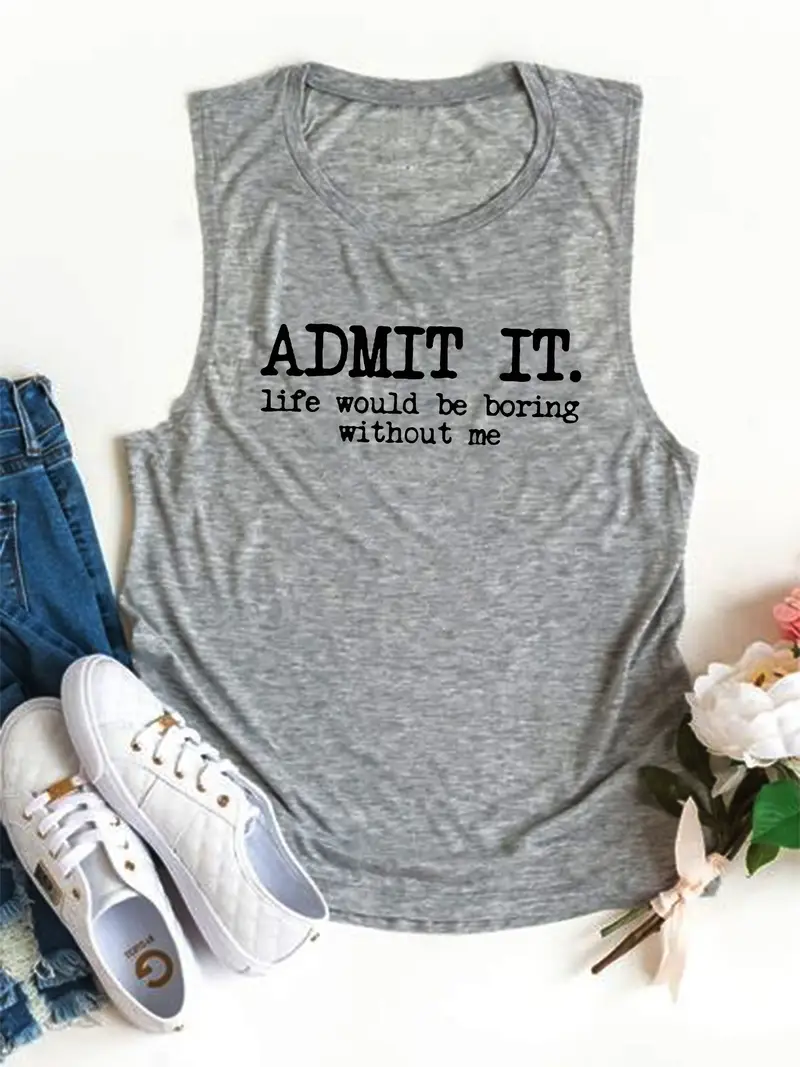 Letter Print Crew Neck Vest Casual Sleeveless Vest Summer Temu