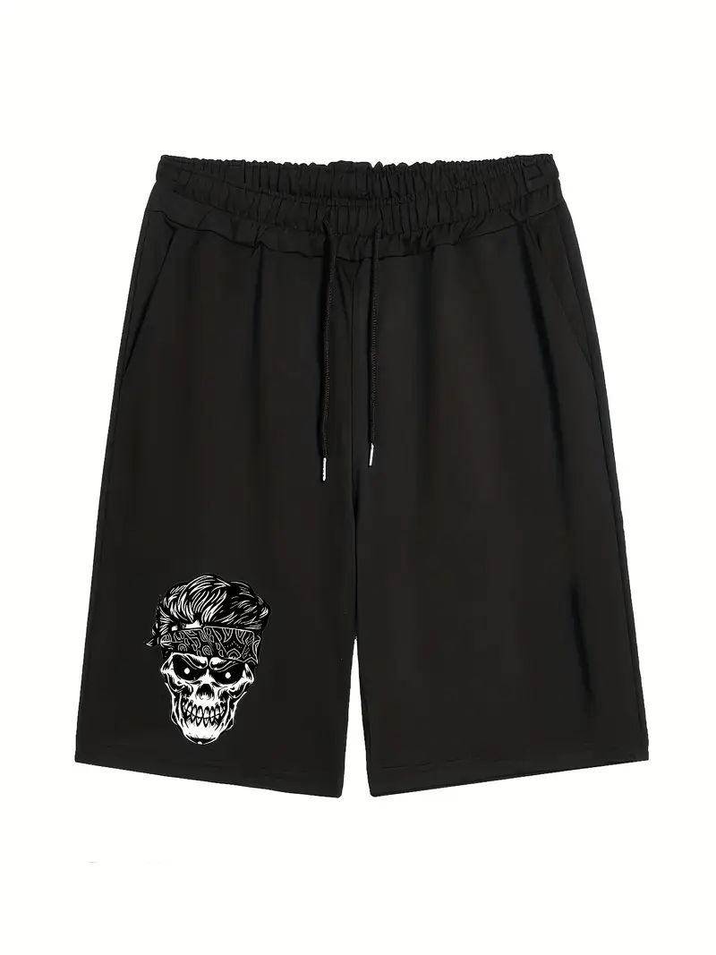 Skull Pattern Print Elastic Waist Shorts Solid Color Casual Temu New