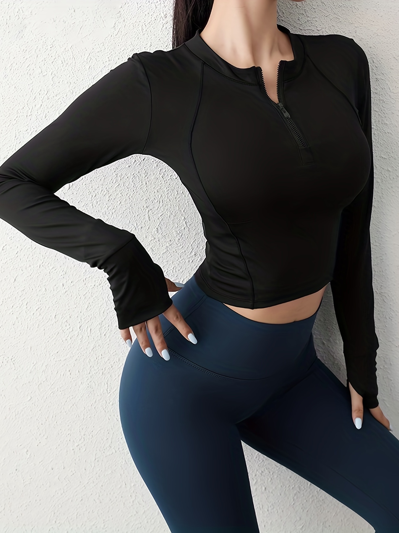 솔리드 컬러 하프 지퍼 요가 탑 긴 소매 스트레치 슬리밍 러닝 트레이닝 필라테스 스포츠 탑 여성용 액티브웨어 Temu