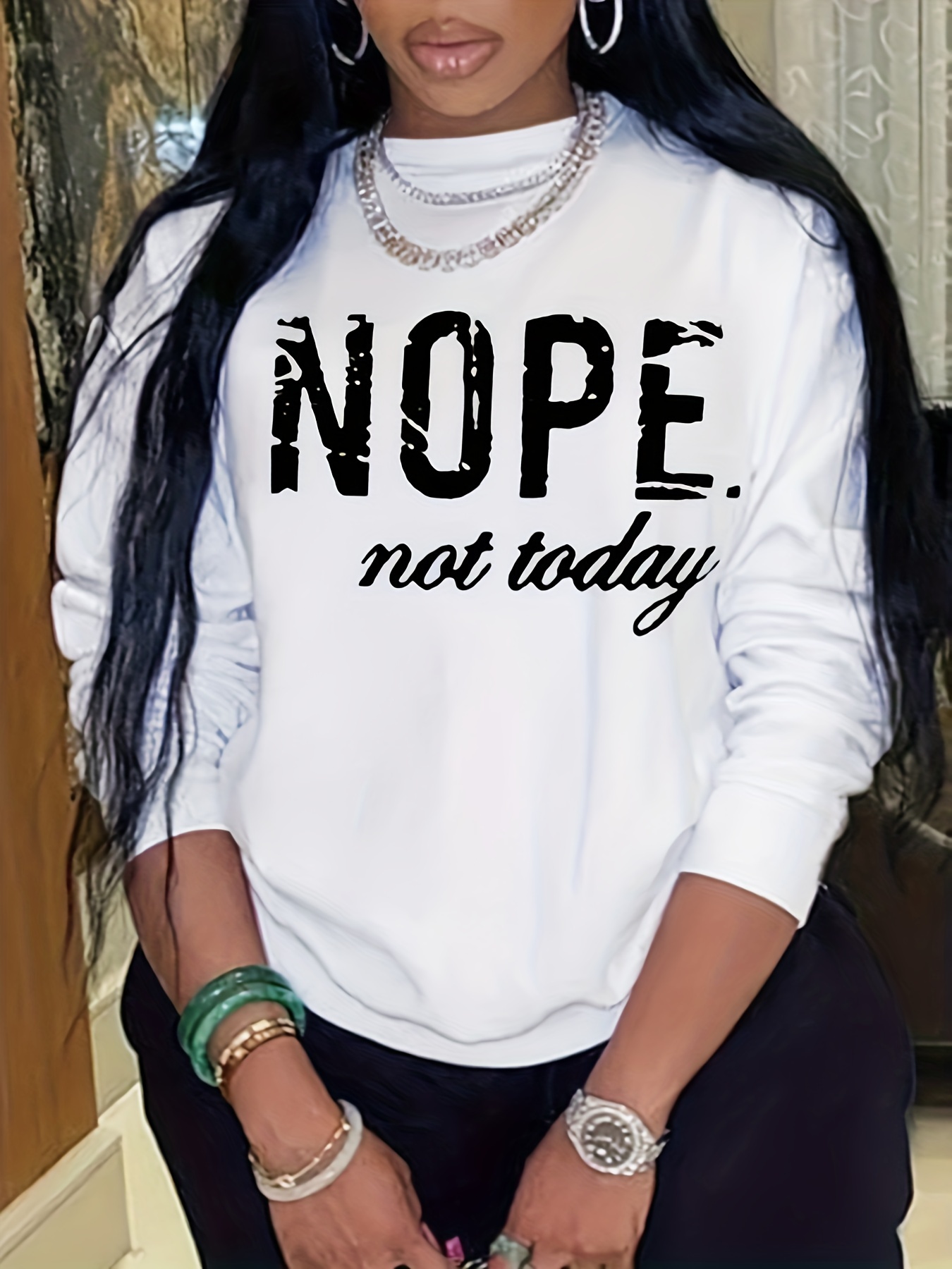 Nope Today Print Sweatshirt Casual Long Sleeve Crew Neck - Temu United ...