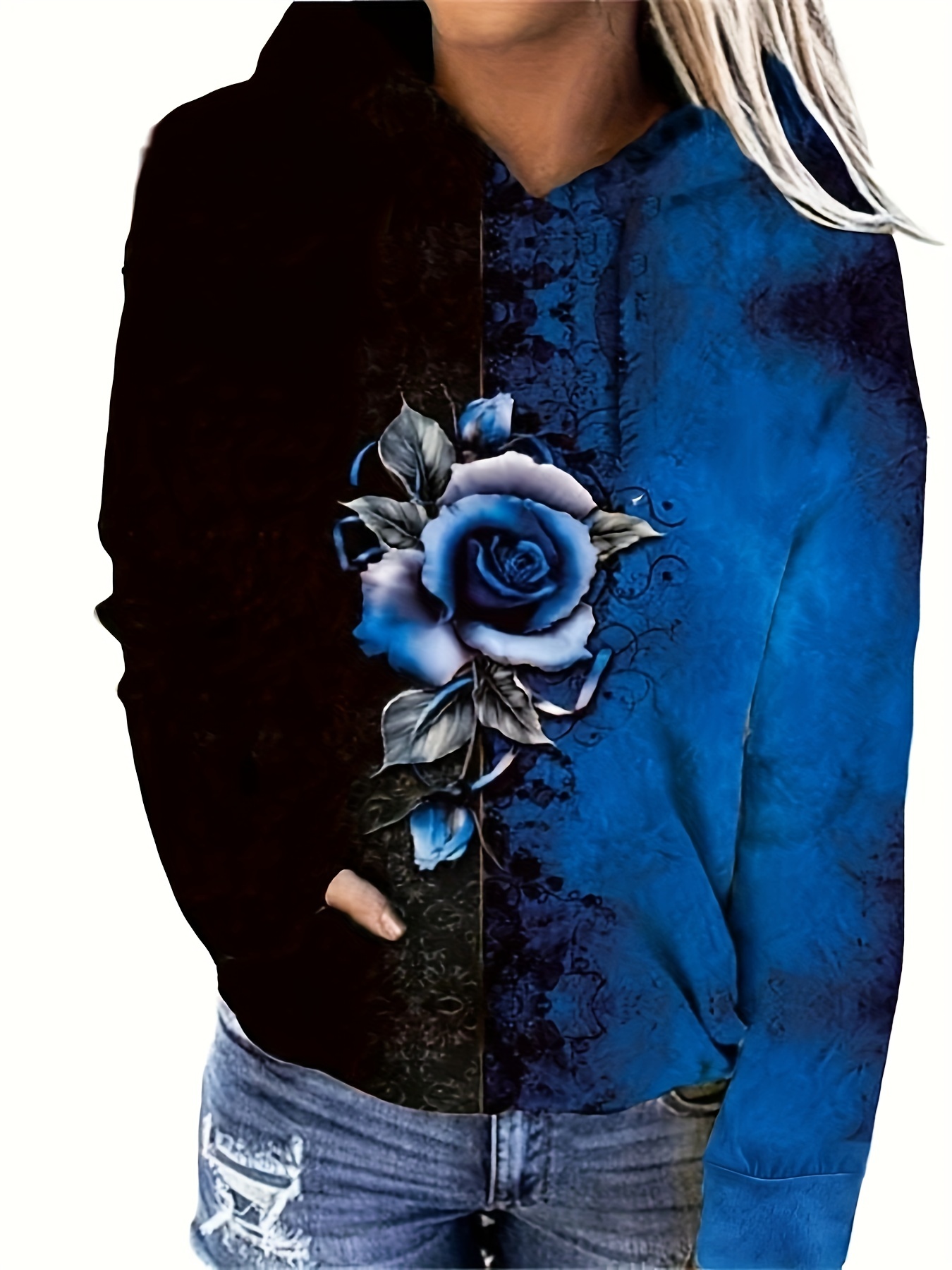 Rose Print Kangaroo Pocket Hoodie Casual Long Sleeve - Temu Australia