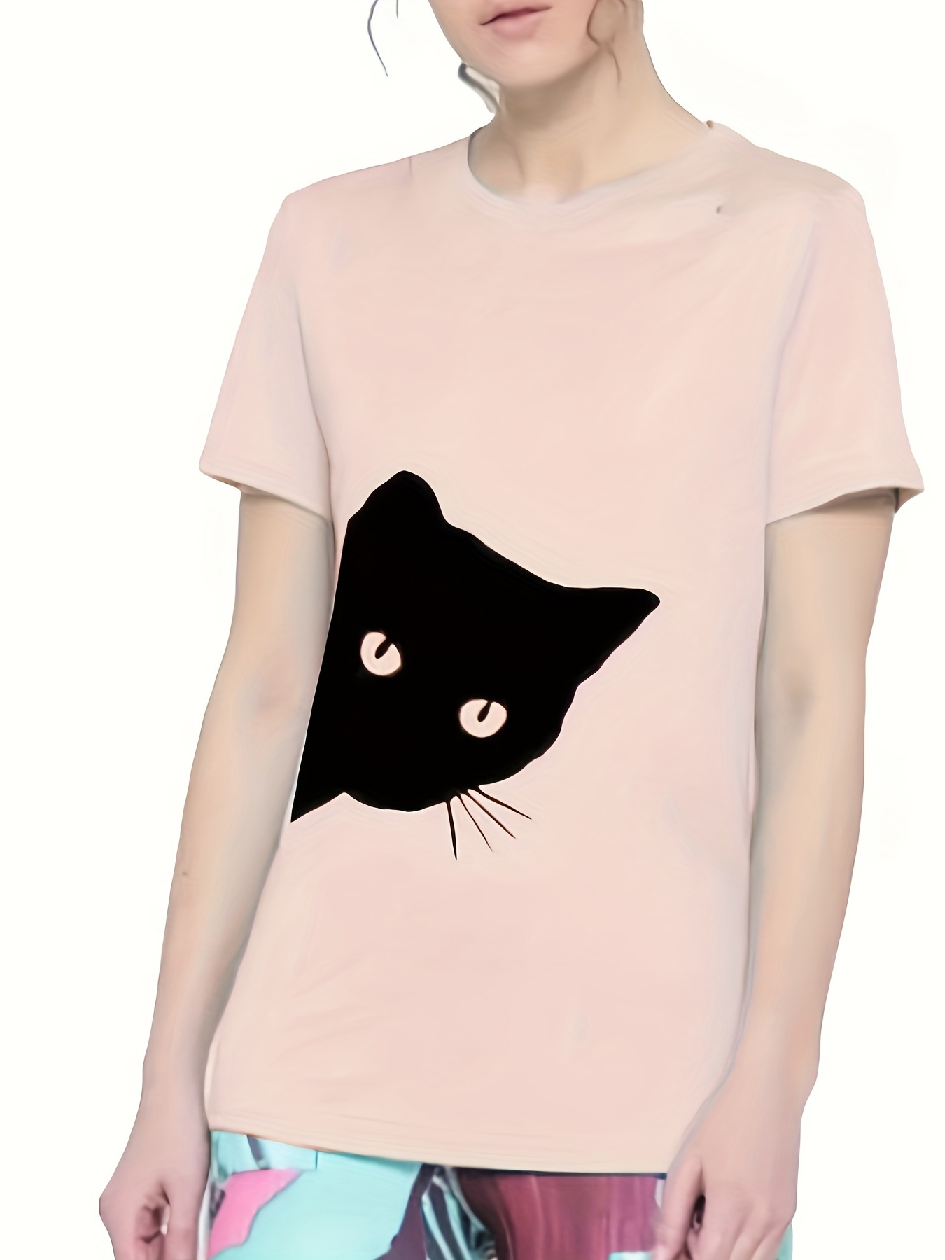 Cat Print T shirt Casual Crew Neck Short Sleeve Summer T - Temu New Zealand