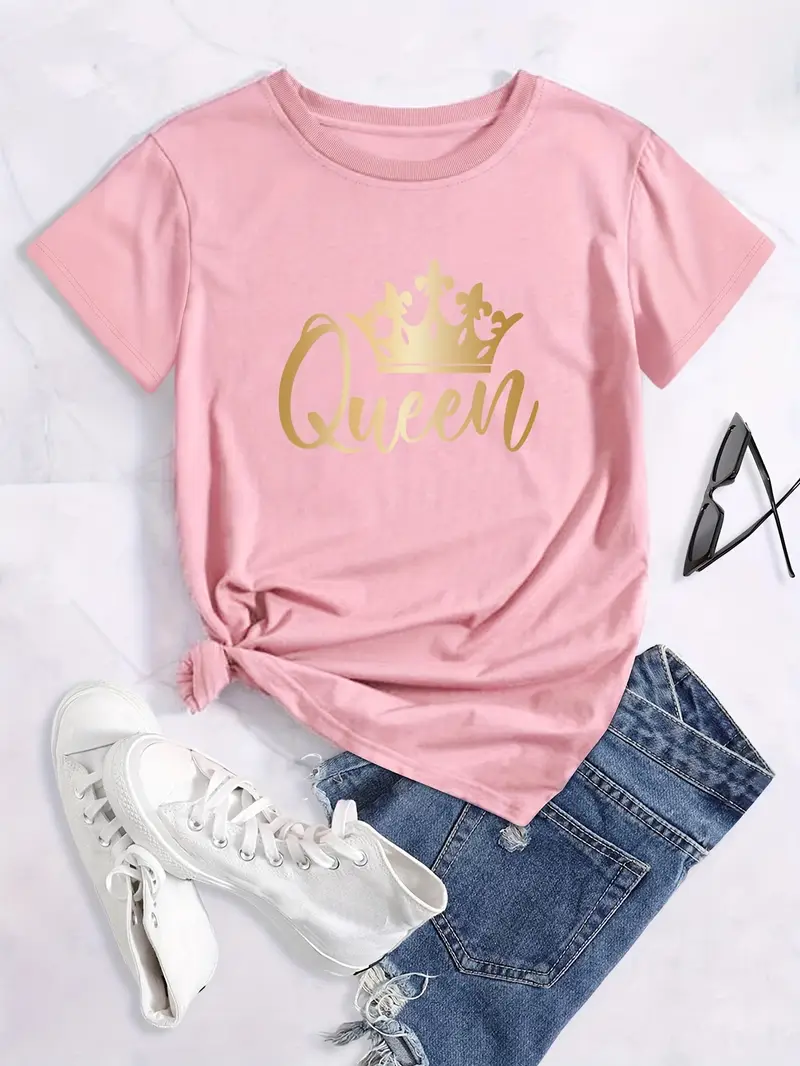 Casual T Shirt Plus Size Women S Plus Letter Crown Print Temu New Zealand