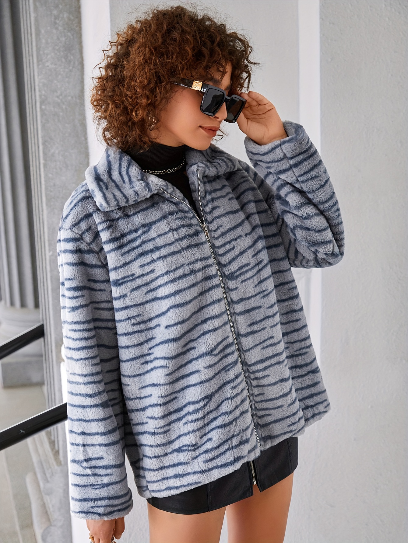 striped pattern zipper teddy coat vintage long sleeve - Temu New Zealand
