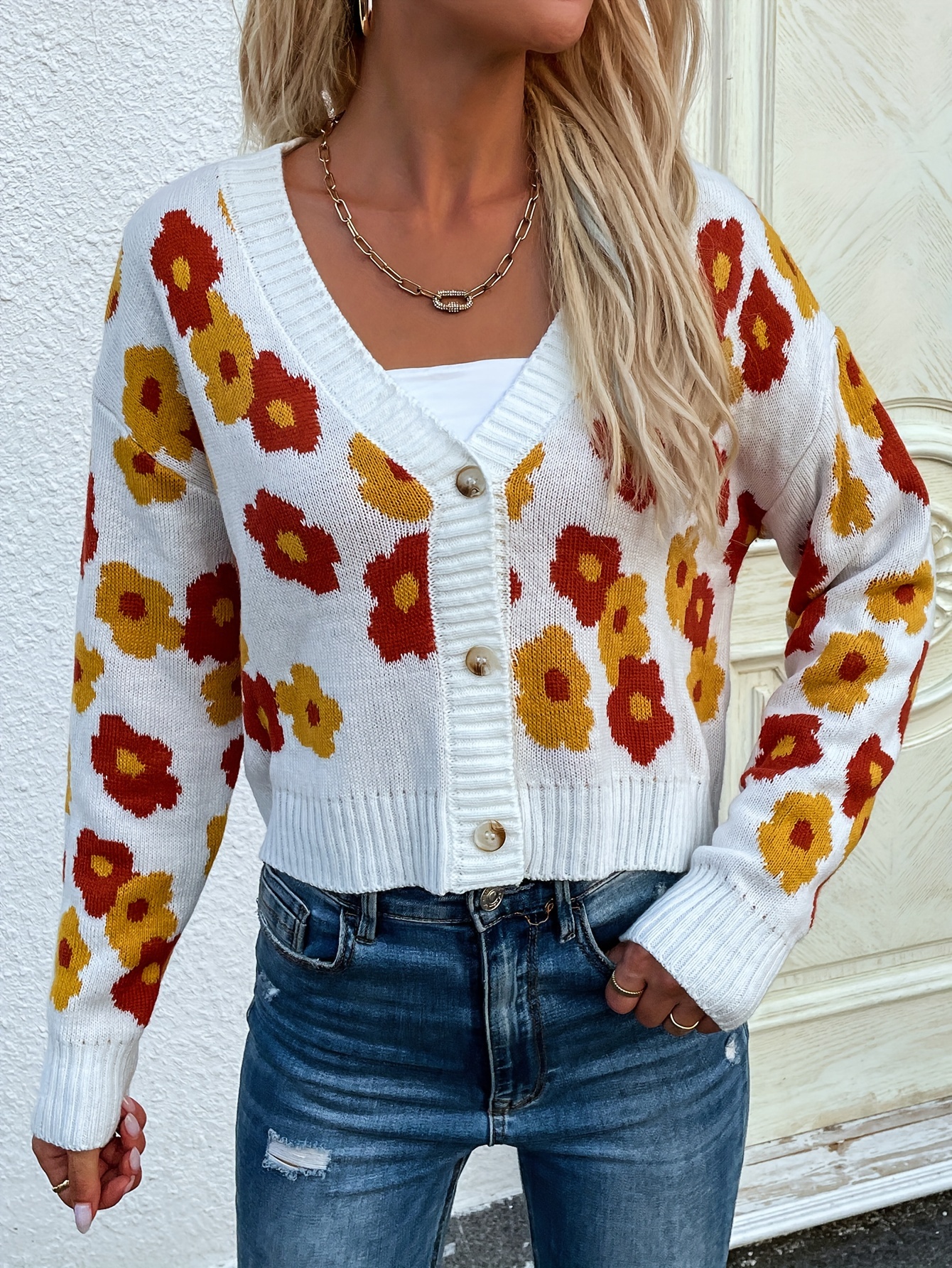 Floral Pattern Button Front Cardigan Casual Long Sleeve Drop - Temu ...