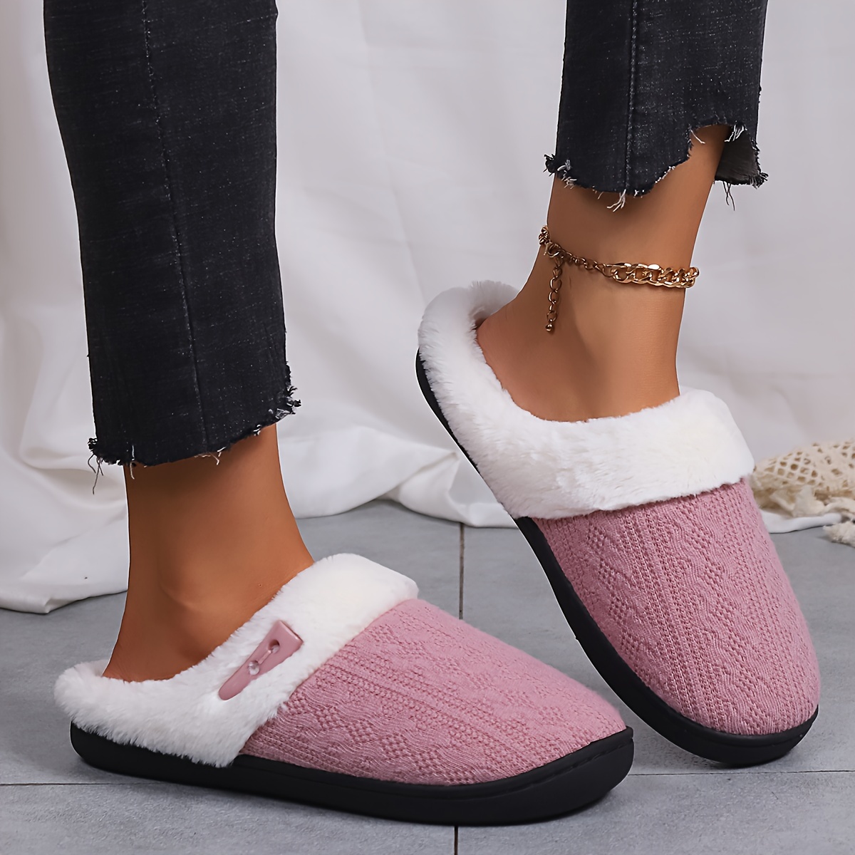 Horn Buckle Decor Plush Slippers Super Soft Closed Toe Slip - Temu Canada
