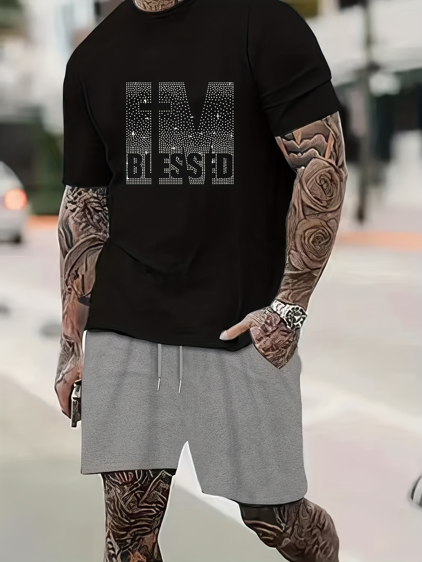 Men's Plus Size "'m Blessed" Graphic Print T shirt Shorts - Temu Canada