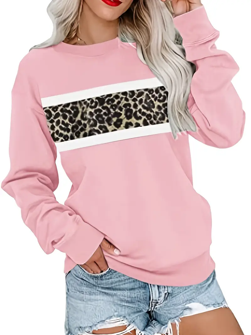 Leopard Print Pullover Sweatshirt Casual Long Sleeve Crew Temu