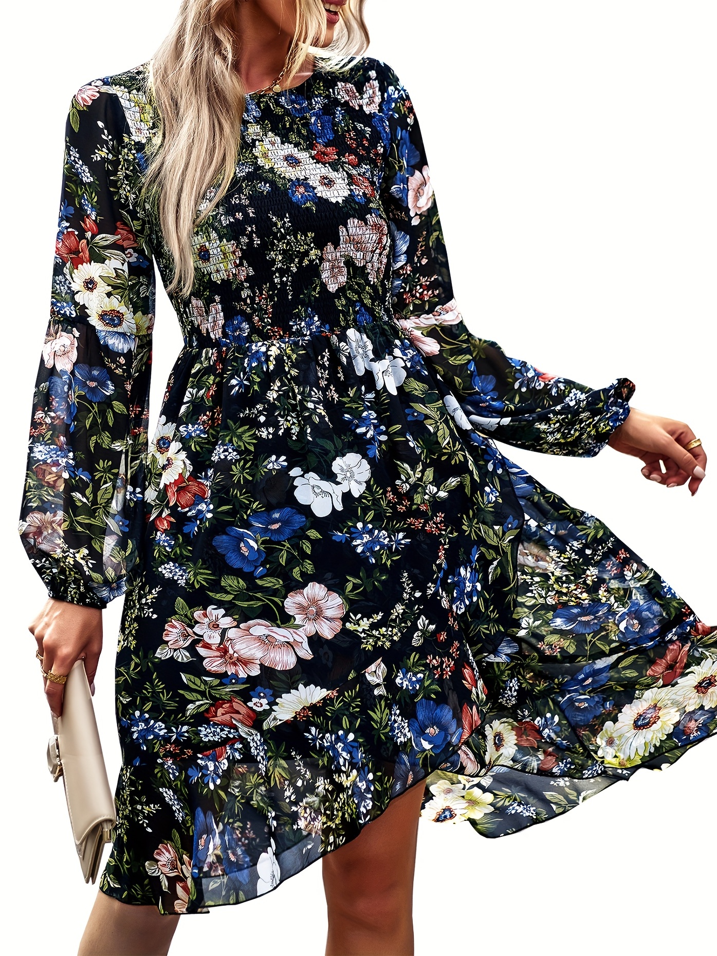 Floral Print Shirred Dress Boho Crew Neck Long Sleeve Dress - Temu Japan