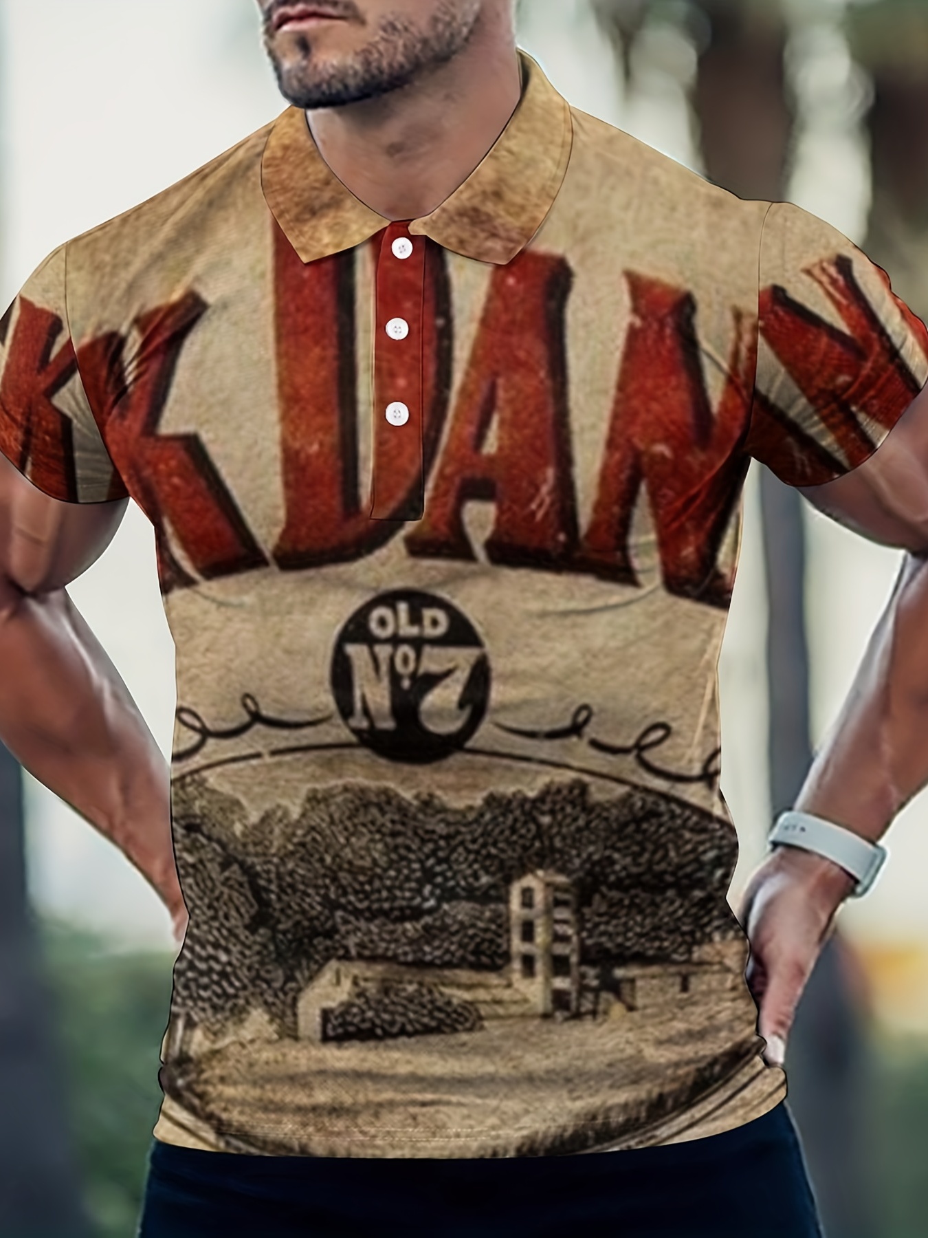 Vintage Style Casual Slightly Stretch Button Up Short Sleeve Polo Shirt, Men's Novel Polo For ...