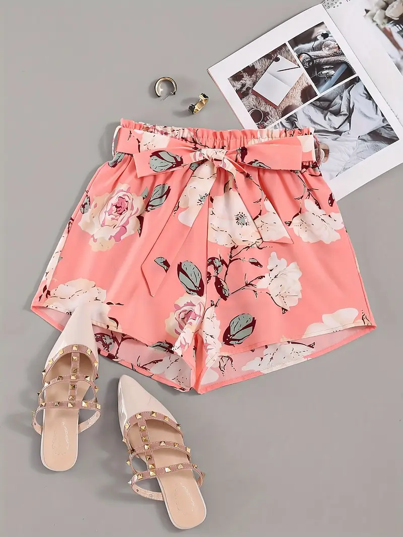 Floral Print Shorts Plus Size Casual Elastic Waist Belted Temu Australia