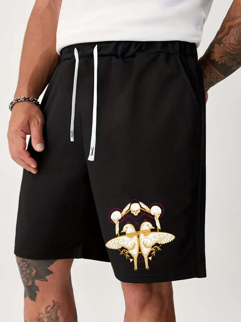 Mens Casual Birds Pattern Print Elastic Drawstring Temu Australia