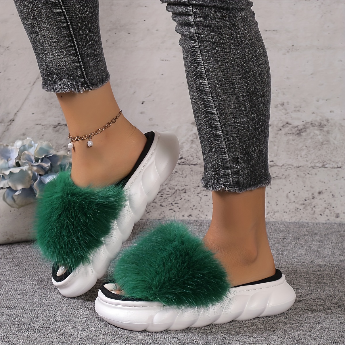 Faux Fur Platform Slippers Casual Slip Flat Shoes - Temu Canada