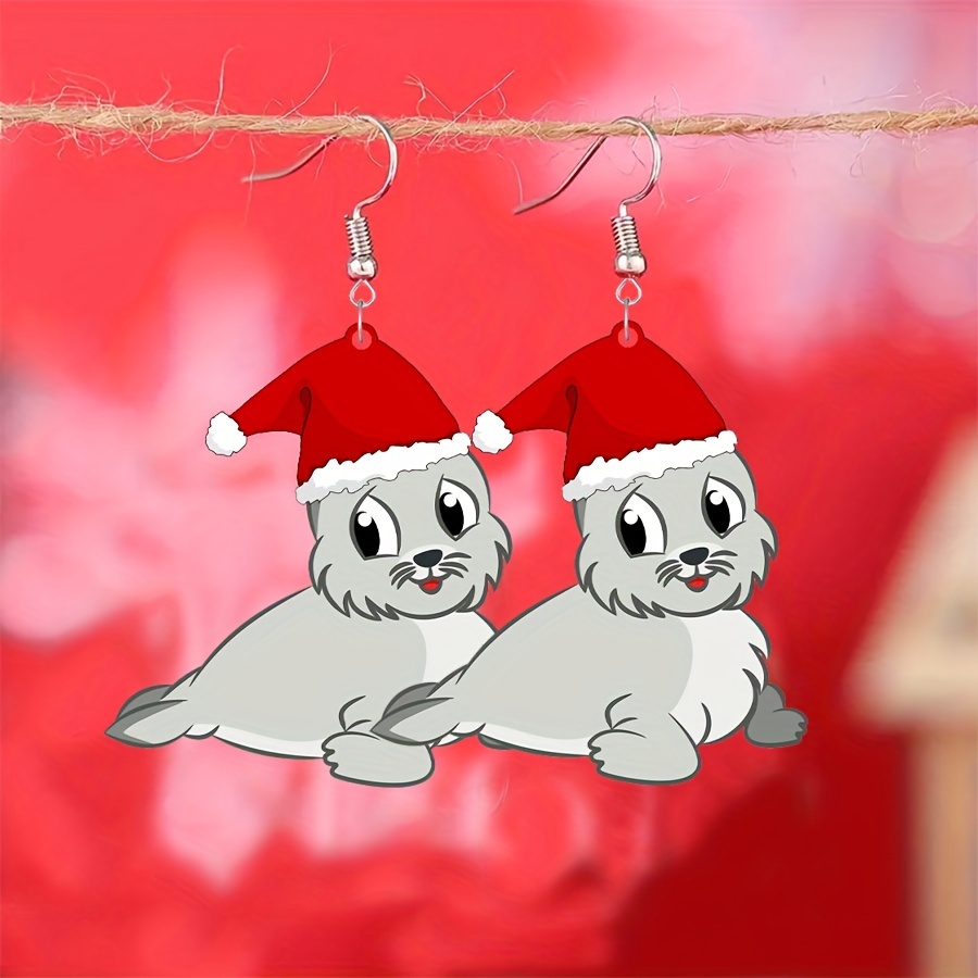Wearing Christmas Hat Cute Seal Design Dangle Earrings Cartoon Party ...