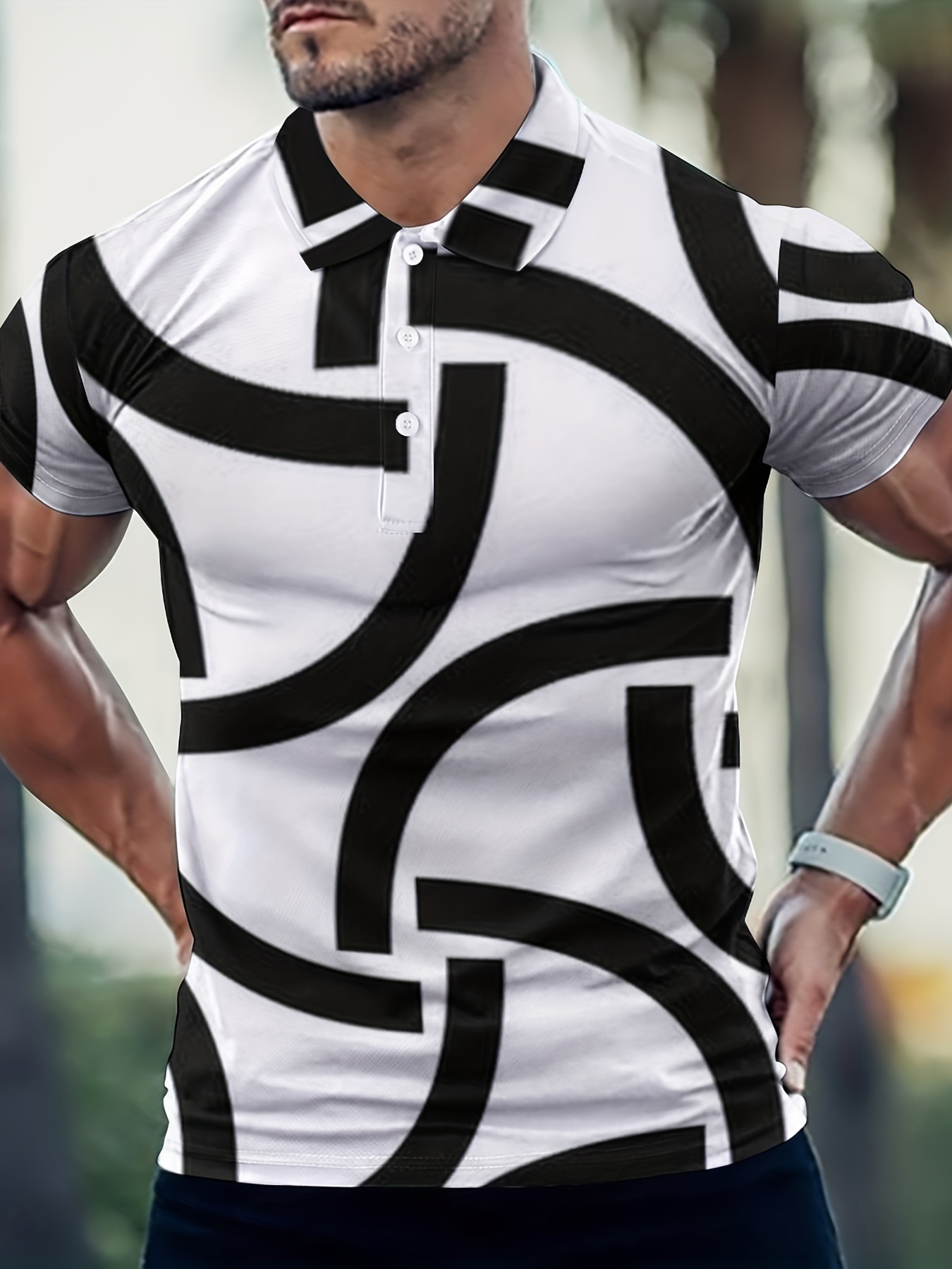 Geometric Pattern Casual Slightly Stretch Button Up Short - Temu Australia